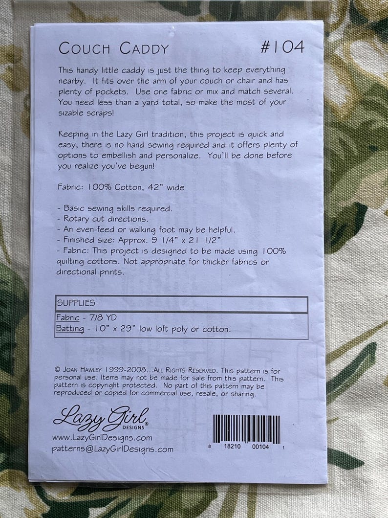 Lazy Girl Designs Couch Caddy Sewing PATTERN 104 - Etsy