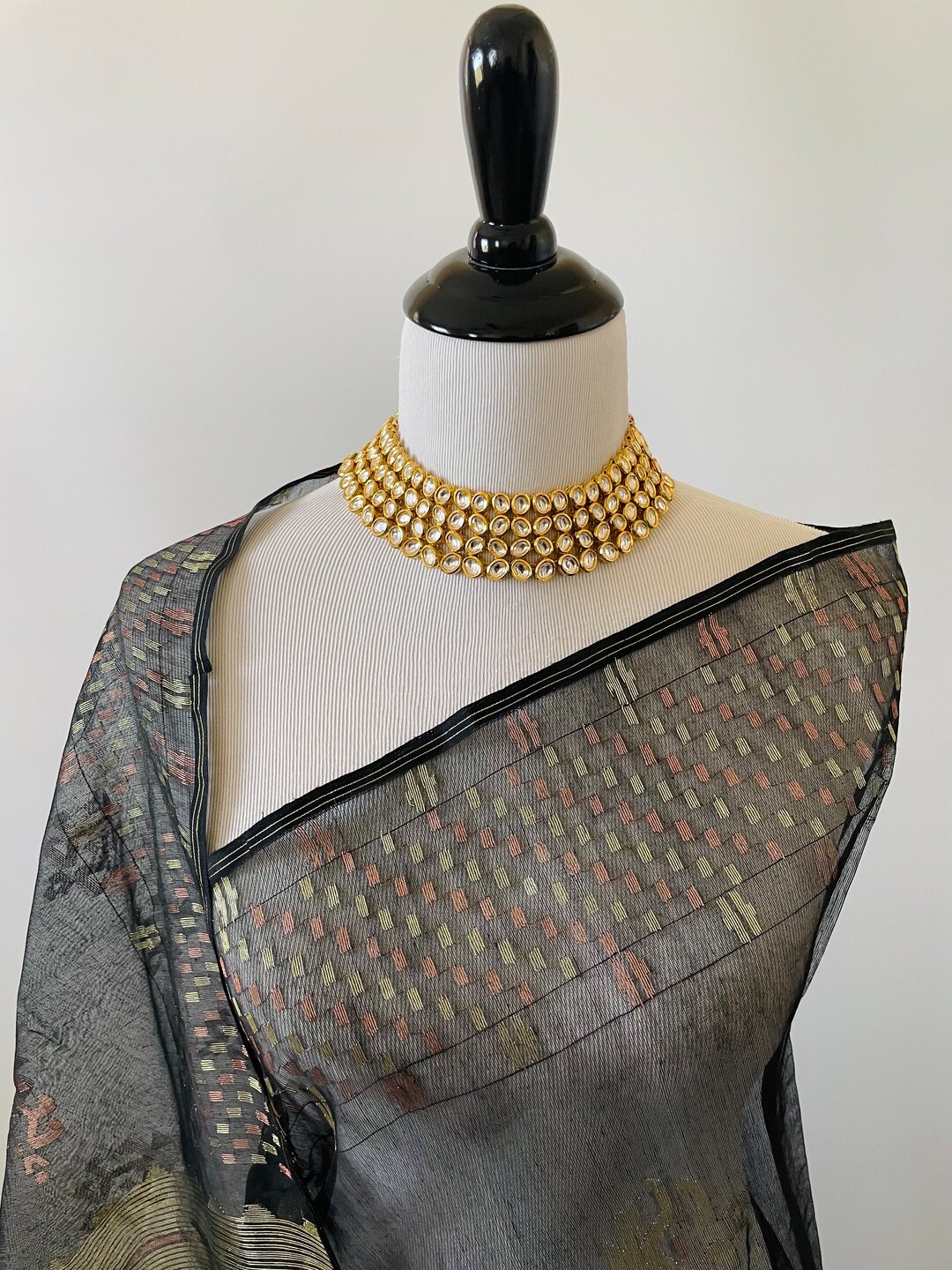 Authentic Dhakai Jamdani Muslin Saree | Black | Gold and Copper Threads ...