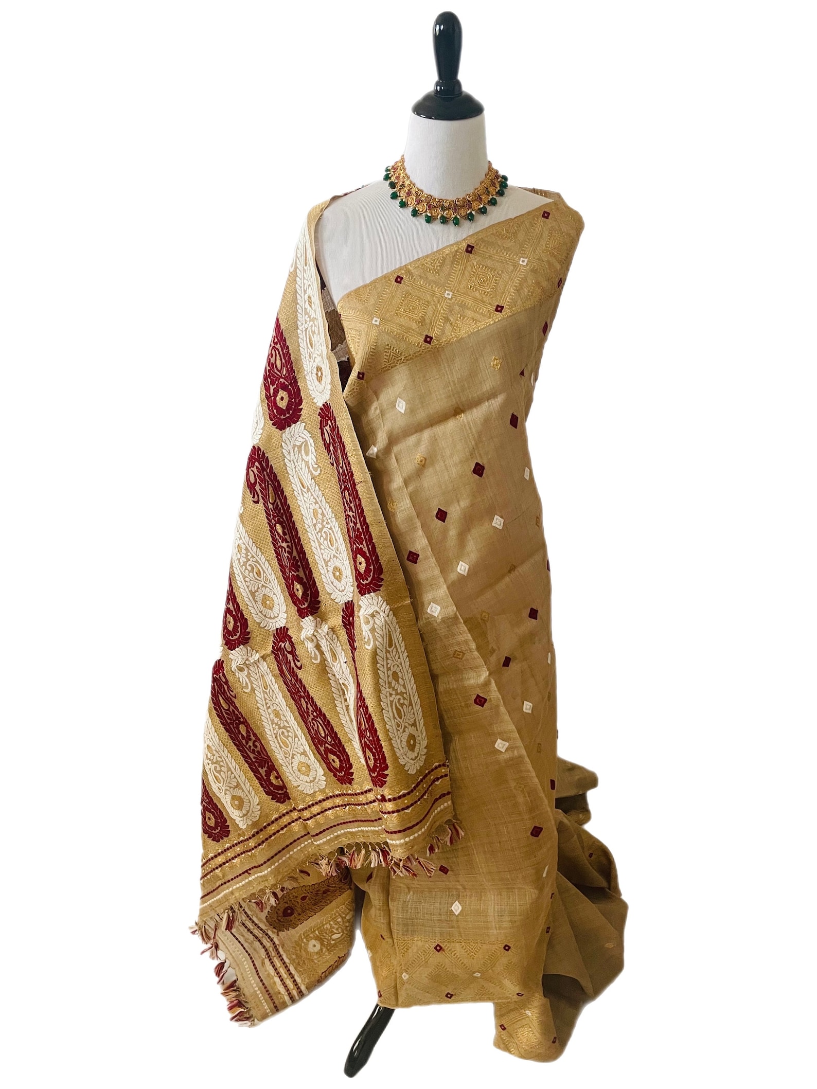 Assam Pure Muga Silk Saree | Natural Beige | Gold Zari | Handwoven ...