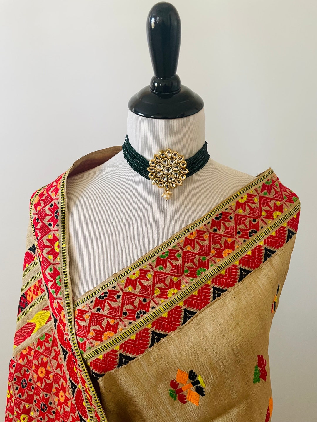 Assam Pure Muga Silk Saree | Natural Beige | Threadwork | Handwoven ...