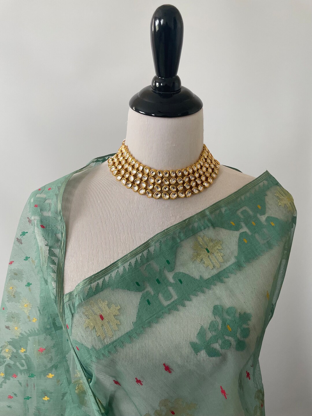 Authentic Dhakai Jamdani Muslin Saree | Shade of Sea Green | Gold ...