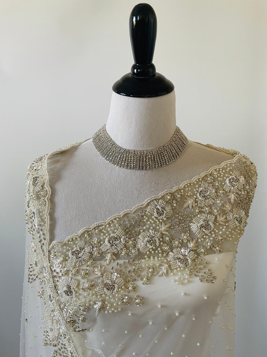 Handmade Premium Bridal Net Saree | Off-white | Hand Embroidery | Ships ...