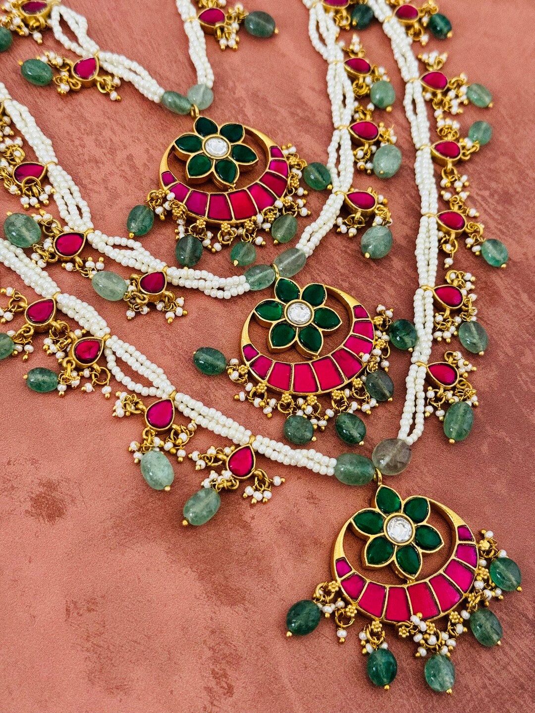 Jadau Kundan Tiered Long Chain Set | 3-tier |real Kemp Stones | Faux ...