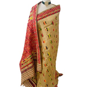 Assam Pure Muga Silk Saree | Natural Beige | Threadwork | Handwoven ...