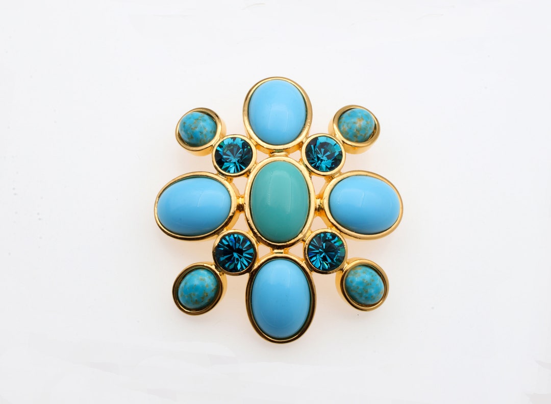Joan Rivers Turquoise Color Glass Cabochon Brooch, Signed - Etsy