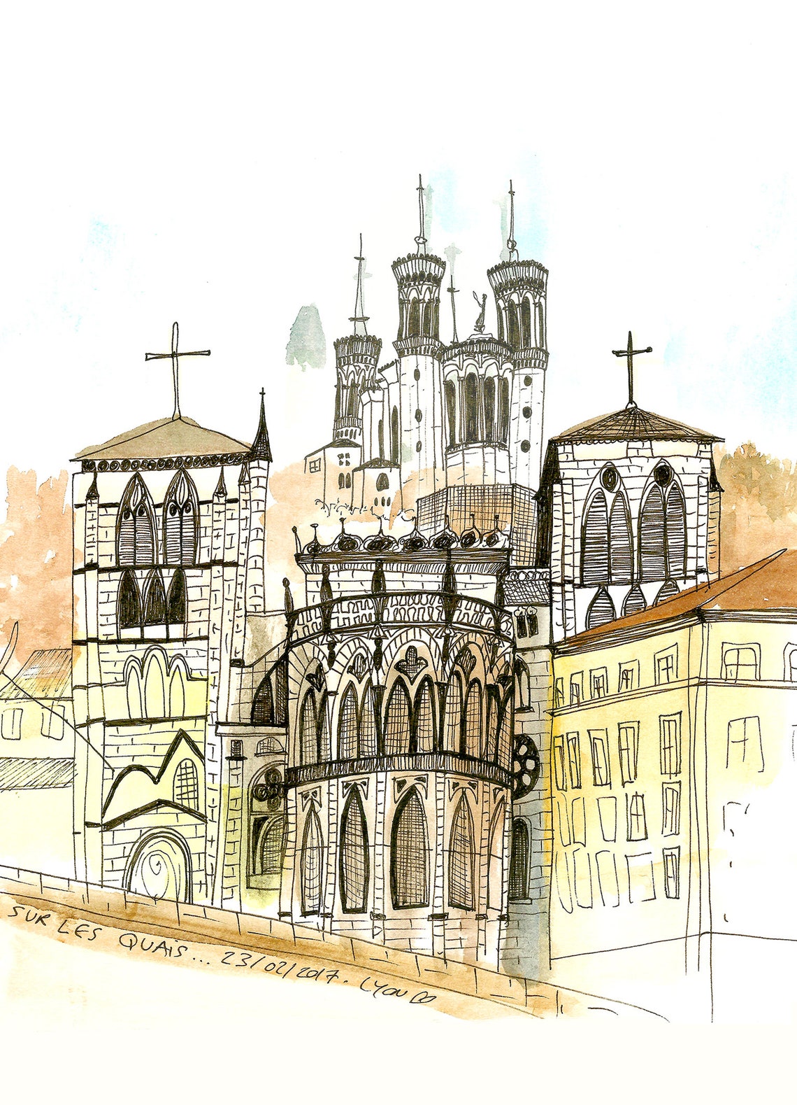 Dessin Fourvière Lyon, aquarelle illustration, décoration, aquarelle ...