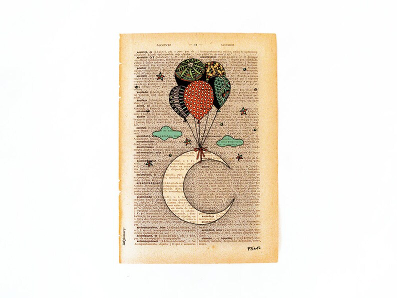 Nursery Illustration Balloon and Moon Dictionary Print Handmade ...