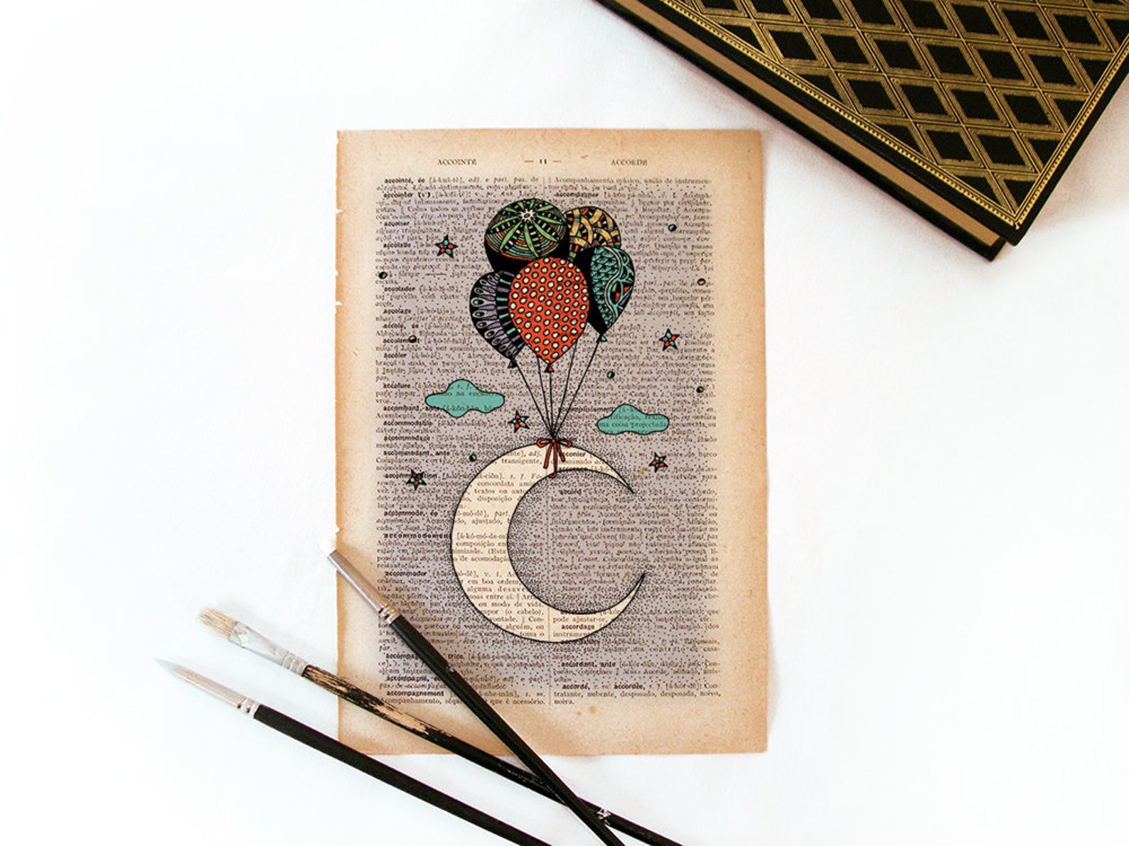 Nursery Illustration Balloon and Moon Dictionary Print Handmade ...