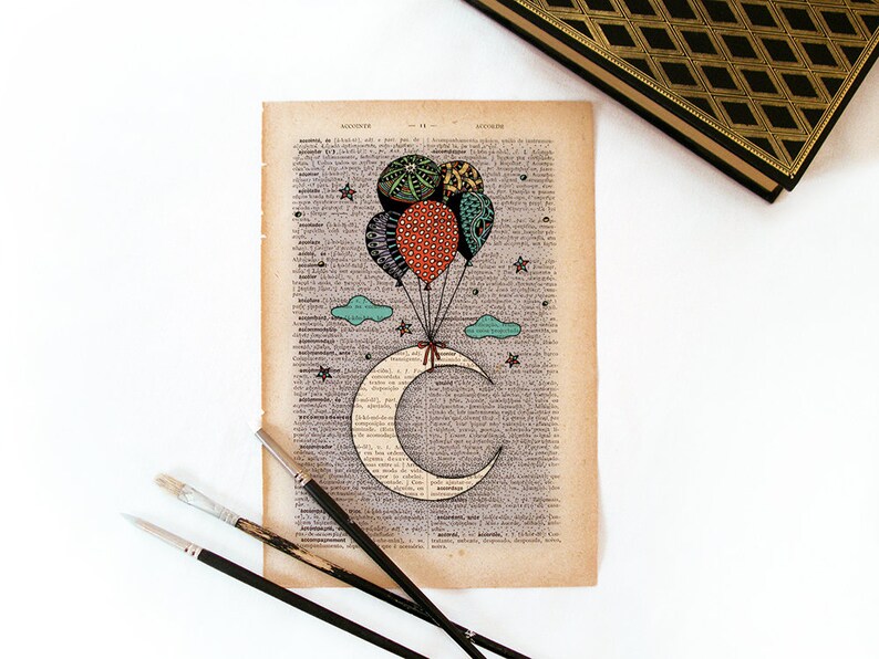 Nursery Illustration Balloon and Moon Dictionary Print Handmade ...