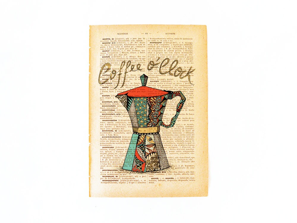 Coffee Pot Poster Dictionary Print Handmade Illustration Printed in Old ...