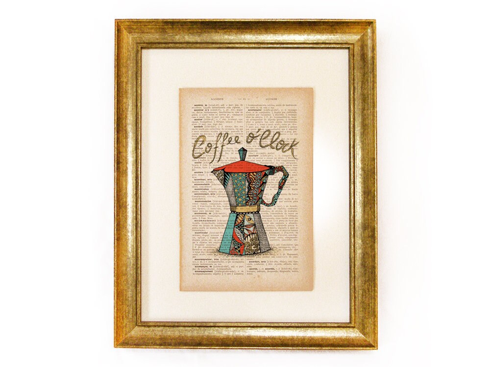 Coffee Pot Poster Dictionary Print Handmade Illustration Printed in Old ...