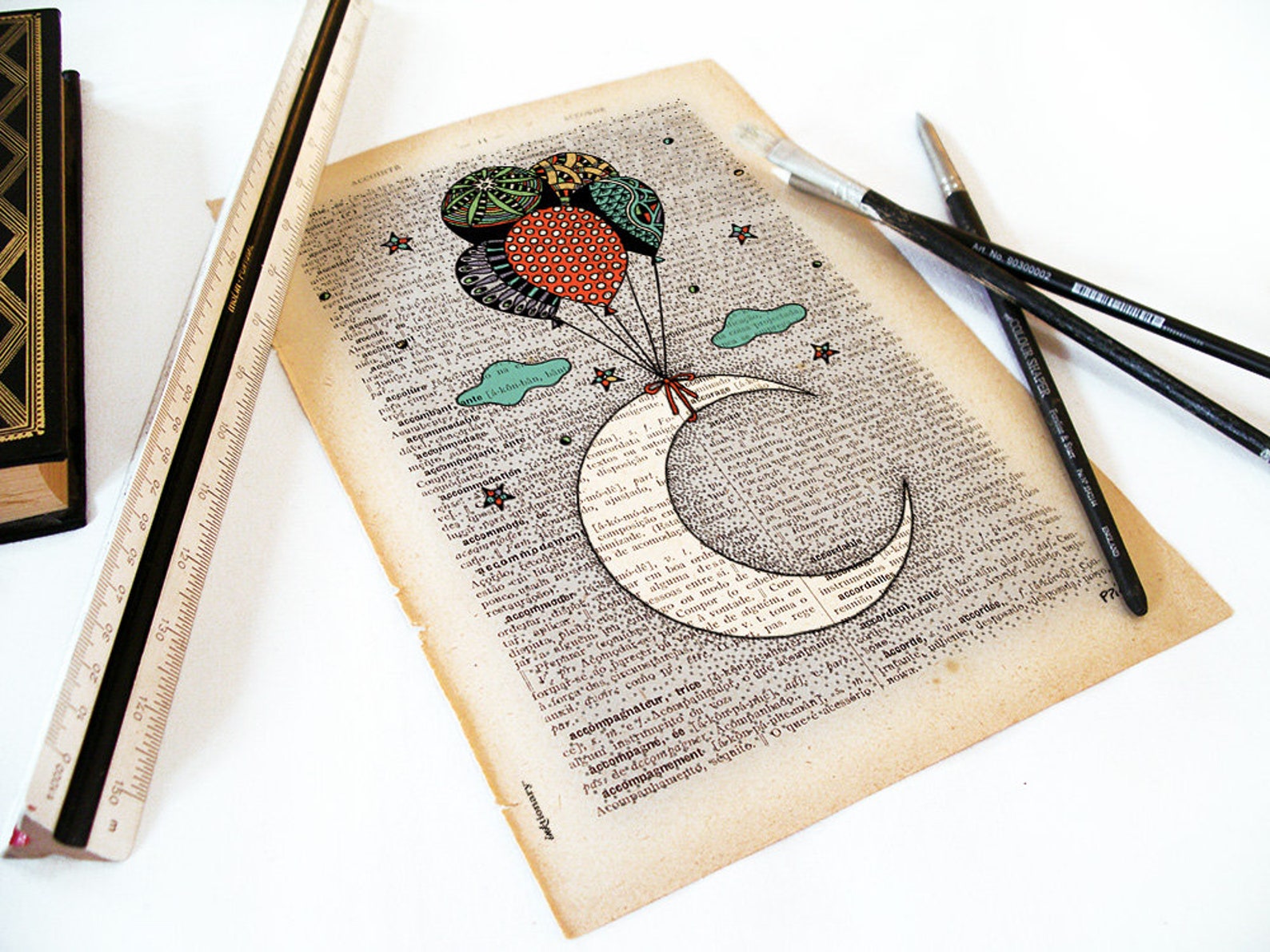 Nursery Illustration Balloon and Moon Dictionary Print Handmade ...