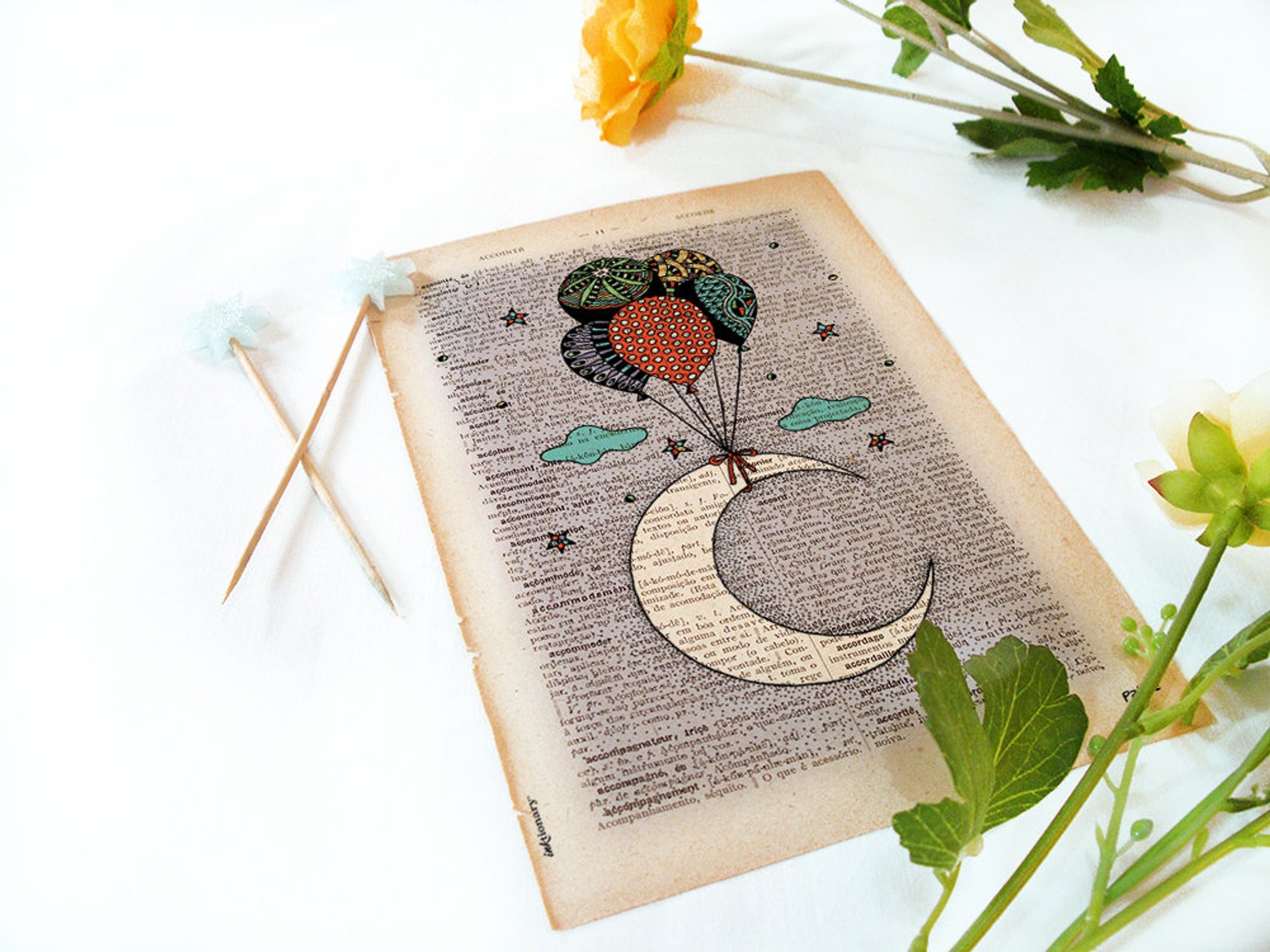 Nursery Illustration Balloon and Moon Dictionary Print Handmade ...