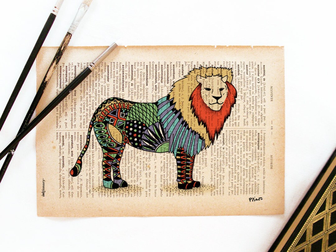 Lion Handmade Illustration Print on Dictionary Book Page in Vintage ...