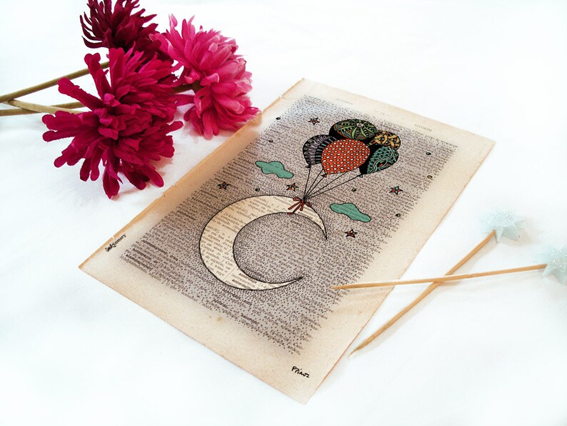 Nursery Illustration Balloon and Moon Dictionary Print Handmade ...