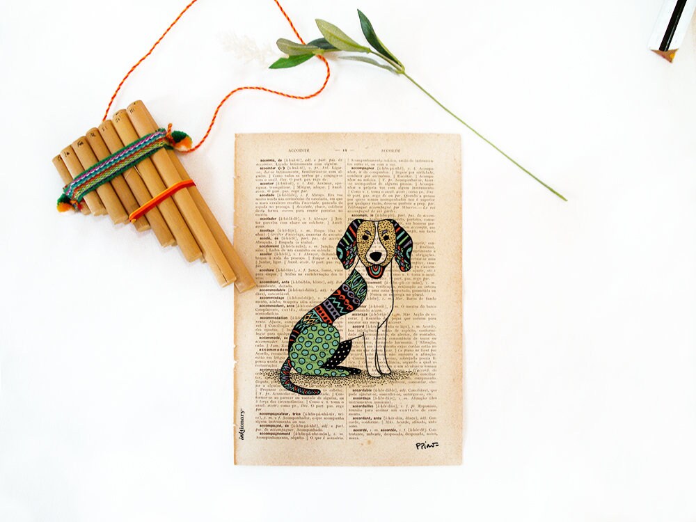 Dog Handmade Illustration Poster Wall Art Print Printed on Dictionary ...
