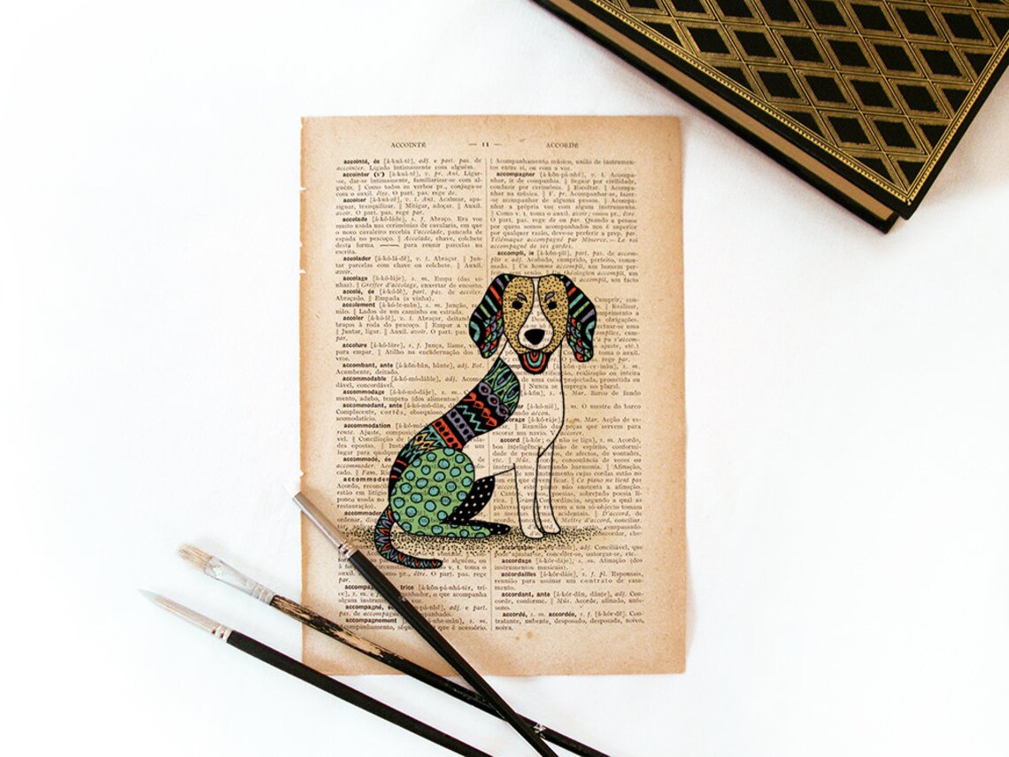 Dog Handmade Illustration Poster Wall Art Print Printed on Dictionary ...