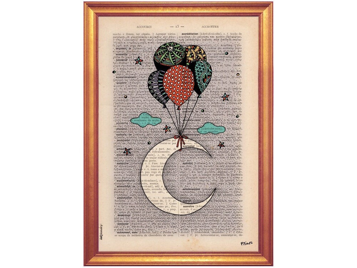 Nursery Illustration Balloon and Moon Dictionary Print Handmade ...