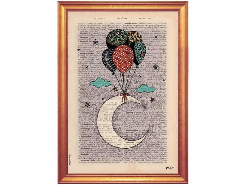 Nursery Illustration Balloon and Moon Dictionary Print Handmade ...