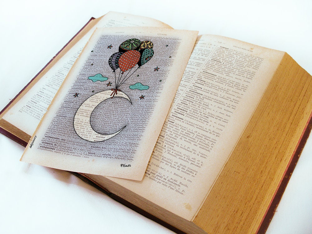 Nursery Illustration Balloon and Moon Dictionary Print Handmade ...