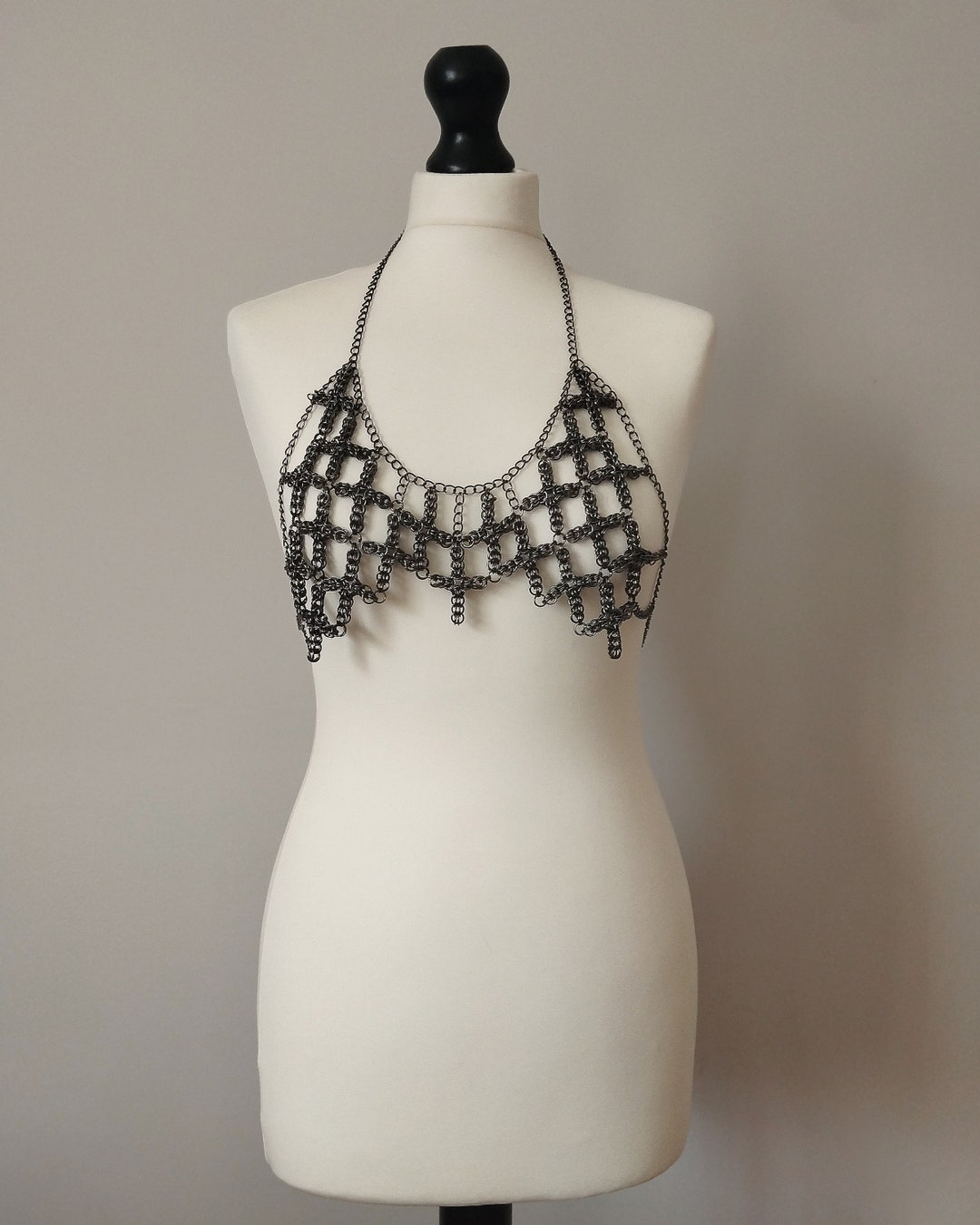 The Chainmail Cross Pendant Bra Harness in Gun Metal Black - Etsy