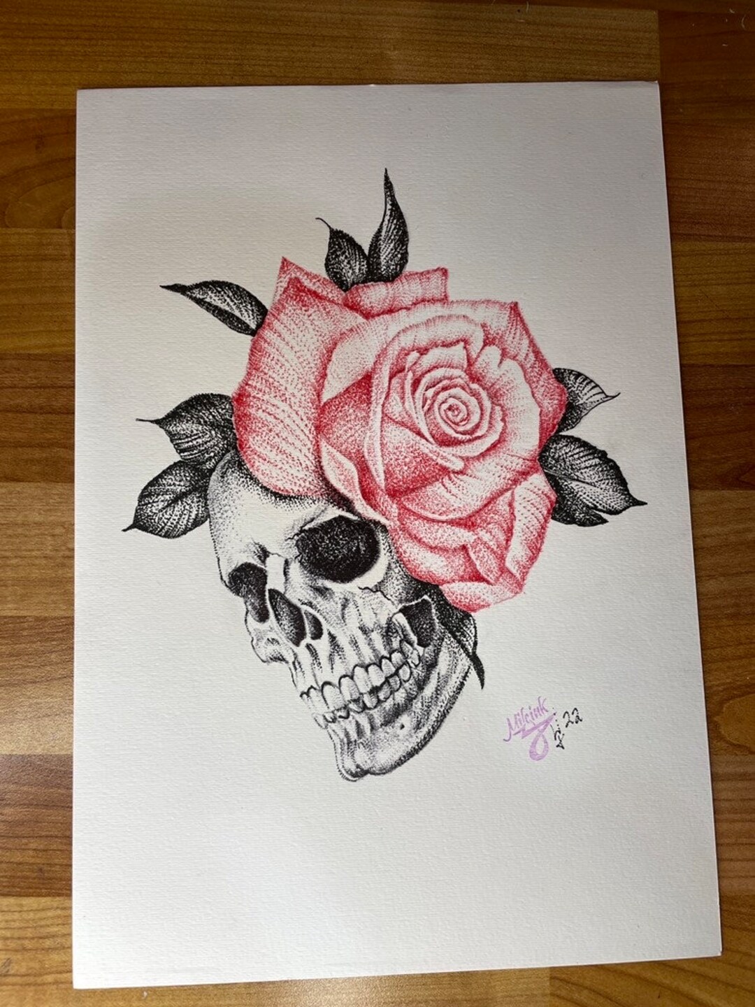 Rose Skull Ballpoint Pen Biro Dot Work (made With Tattoo Machine) Black ...