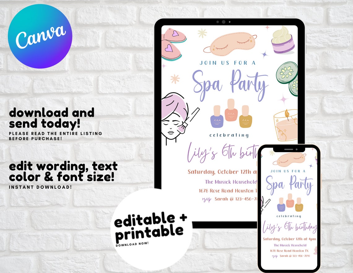 Spa Invitations, Girls Spa Invitation, Pampering, EDITABLE, Boys ...