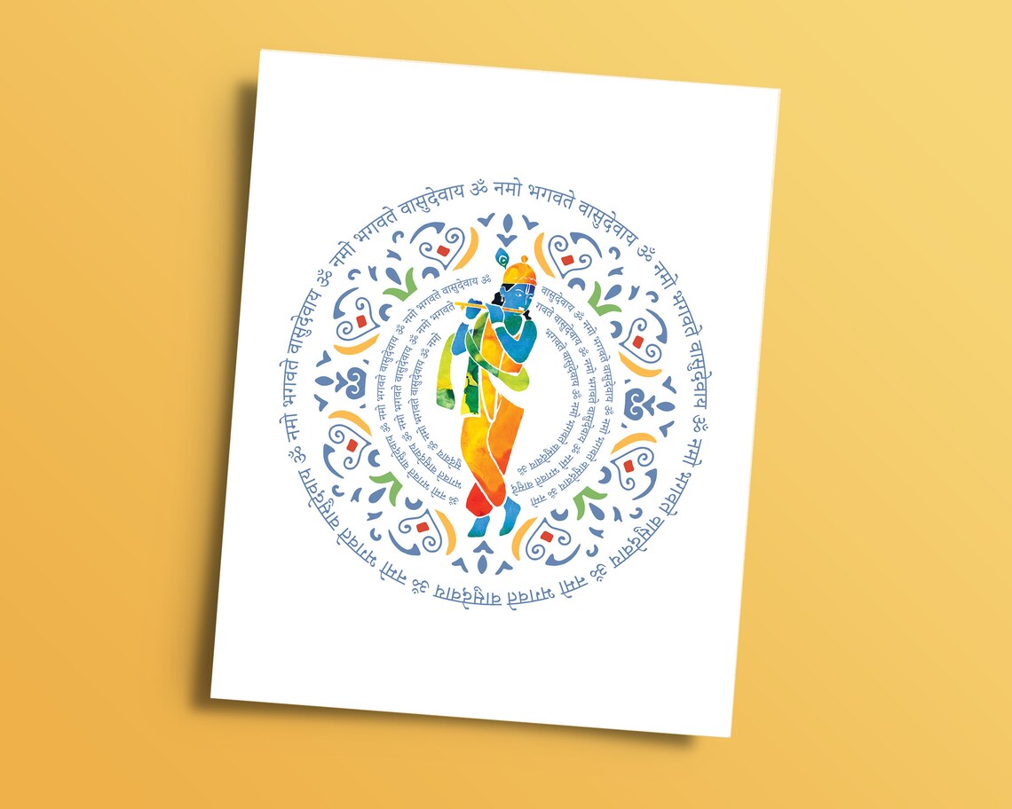 Krishna Print With Sanskrit Mantra, Printable Yoga Art, Hindu Mandala ...