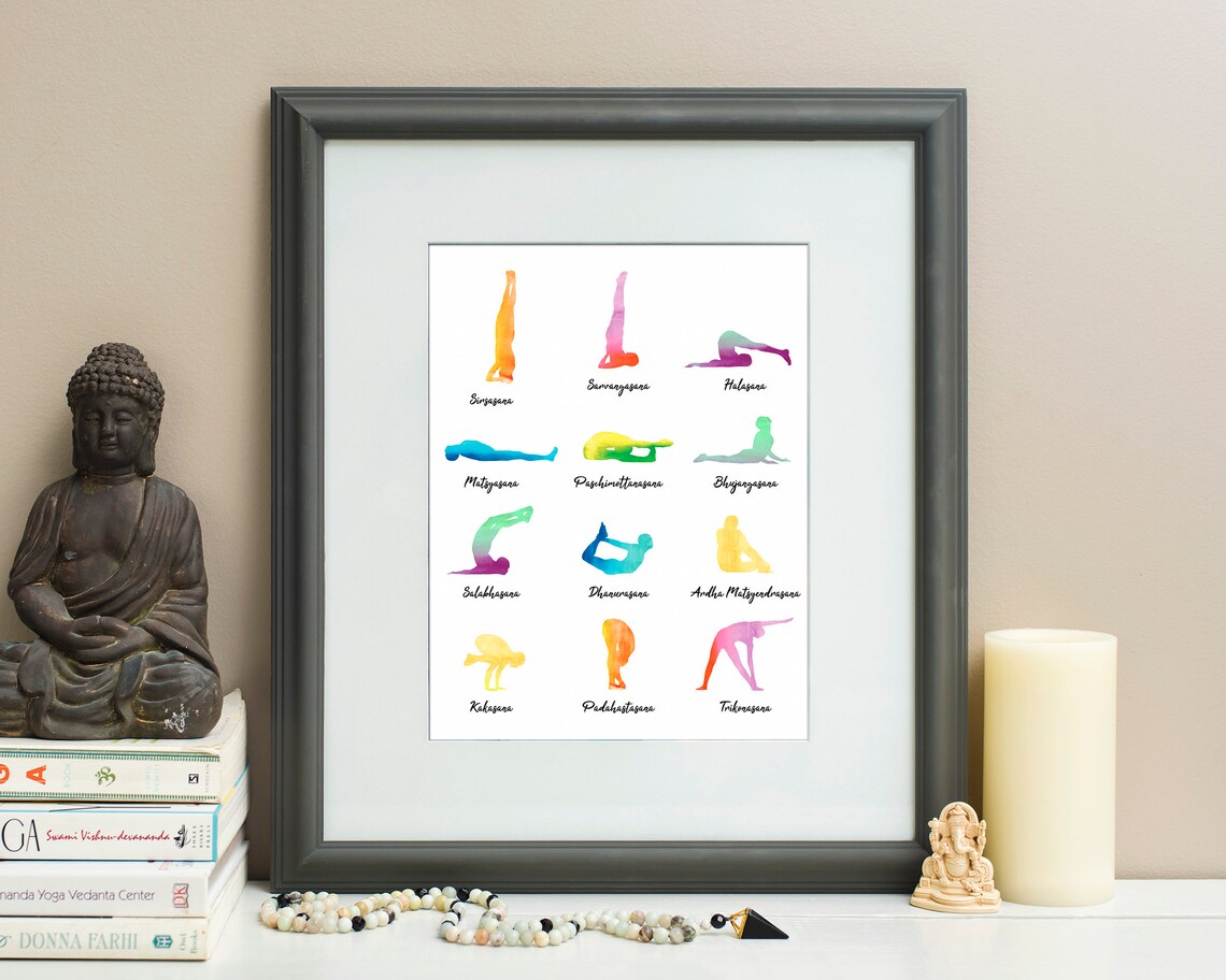 12 Basic Poses Yoga Print, Yoga Asana Poster, Yoga Gift, Meditation ...