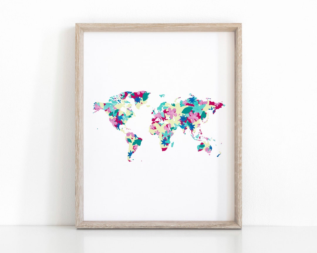 Floral World Map Printable Wall Art - Etsy