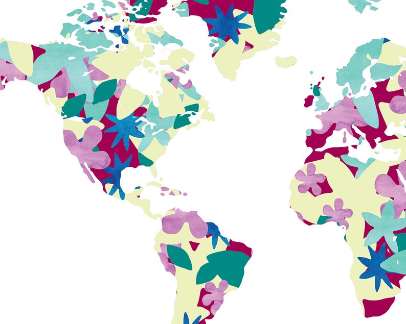 Floral World Map Printable Wall Art - Etsy