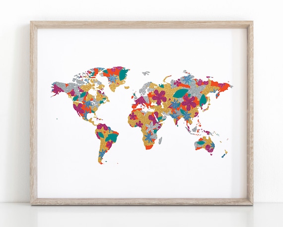 Floral World Map Print Instant Download Boho Wall Art | Etsy