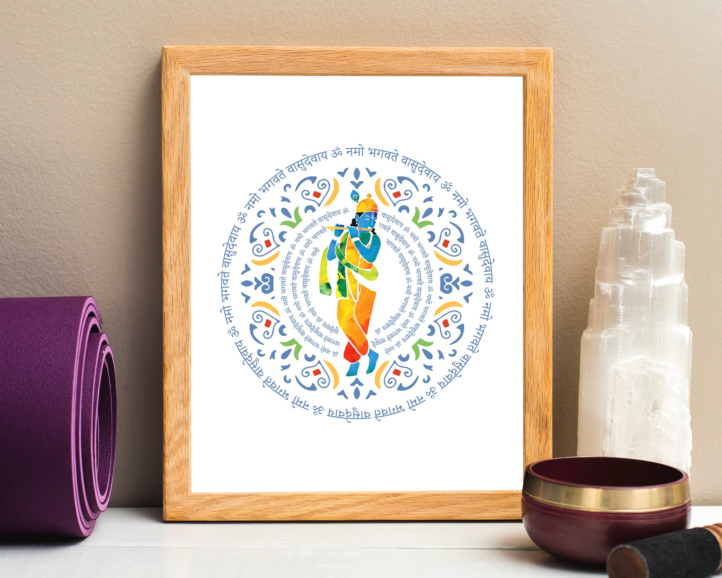 Krishna Print With Sanskrit Mantra, Printable Yoga Art, Hindu Mandala ...