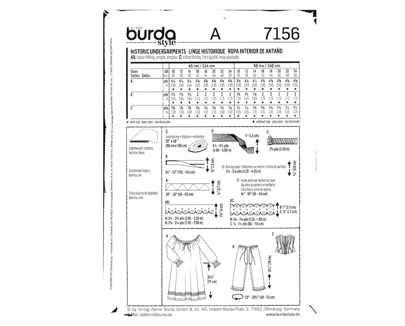 Sewing Pattern Burda Style 7156 Historic Undergarments for Women ...