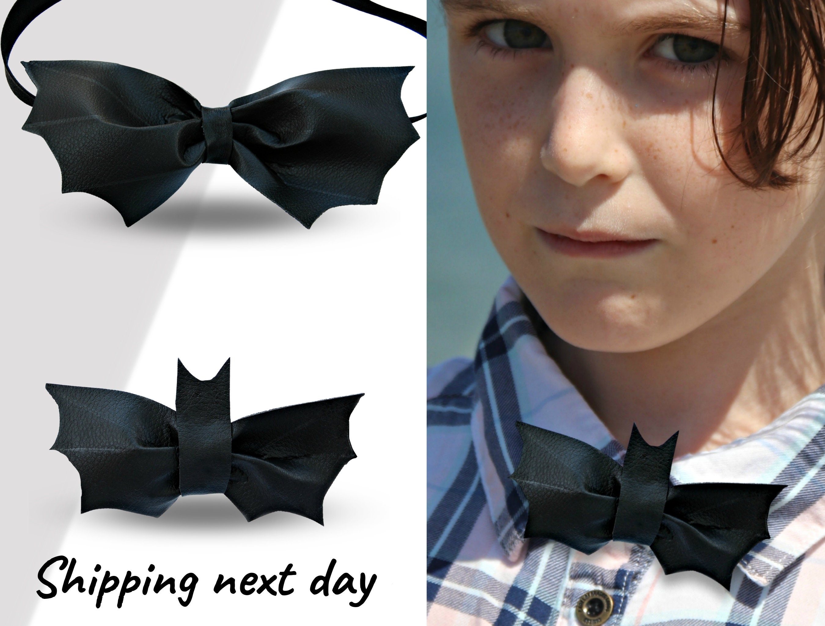 Bat Bow Tie Faux Leather Black Bat Wings Neck Tie Halloween - Etsy