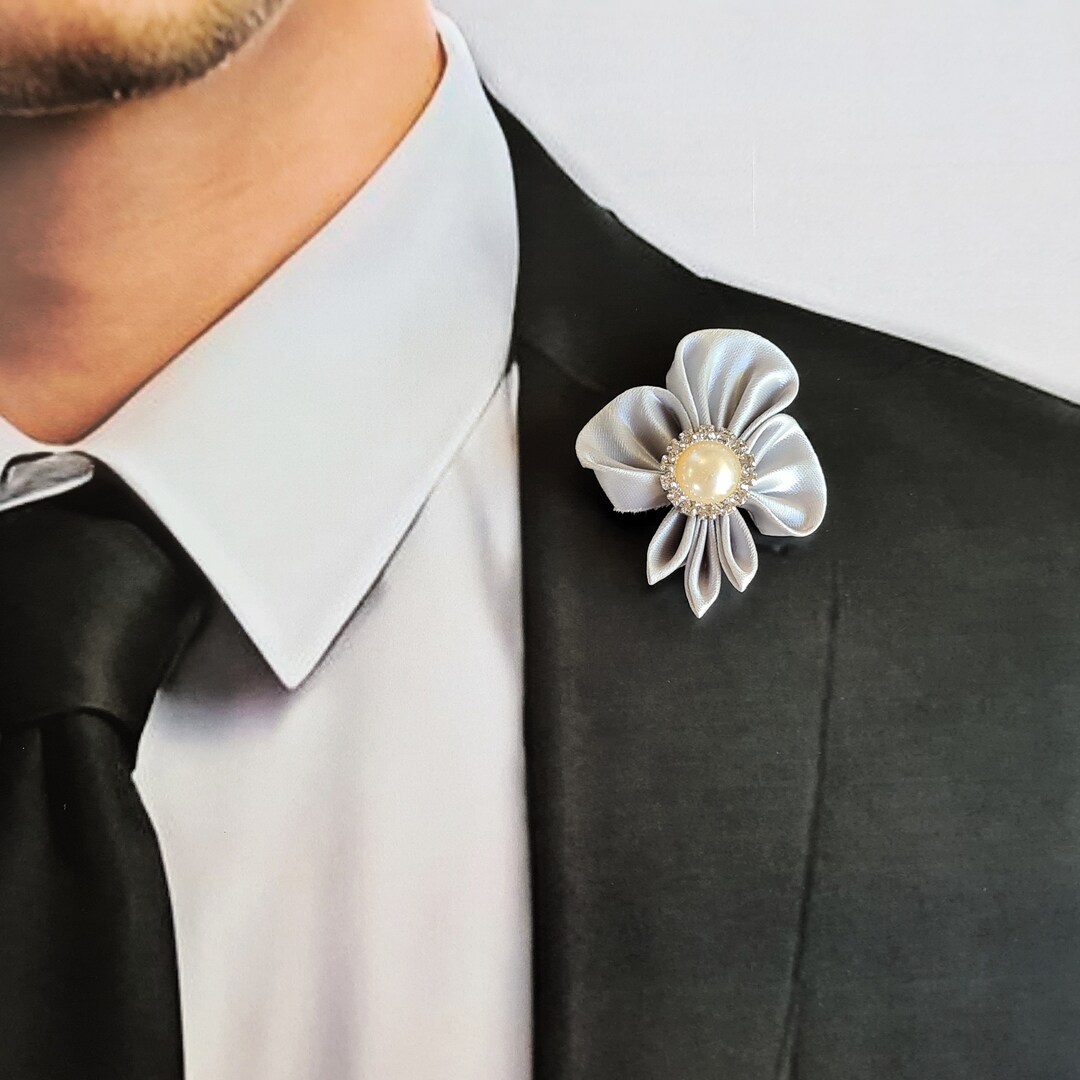 Gray Fleur De Lis Men's Wedding Lapel Pin Grooms Boutonniere, Floral ...