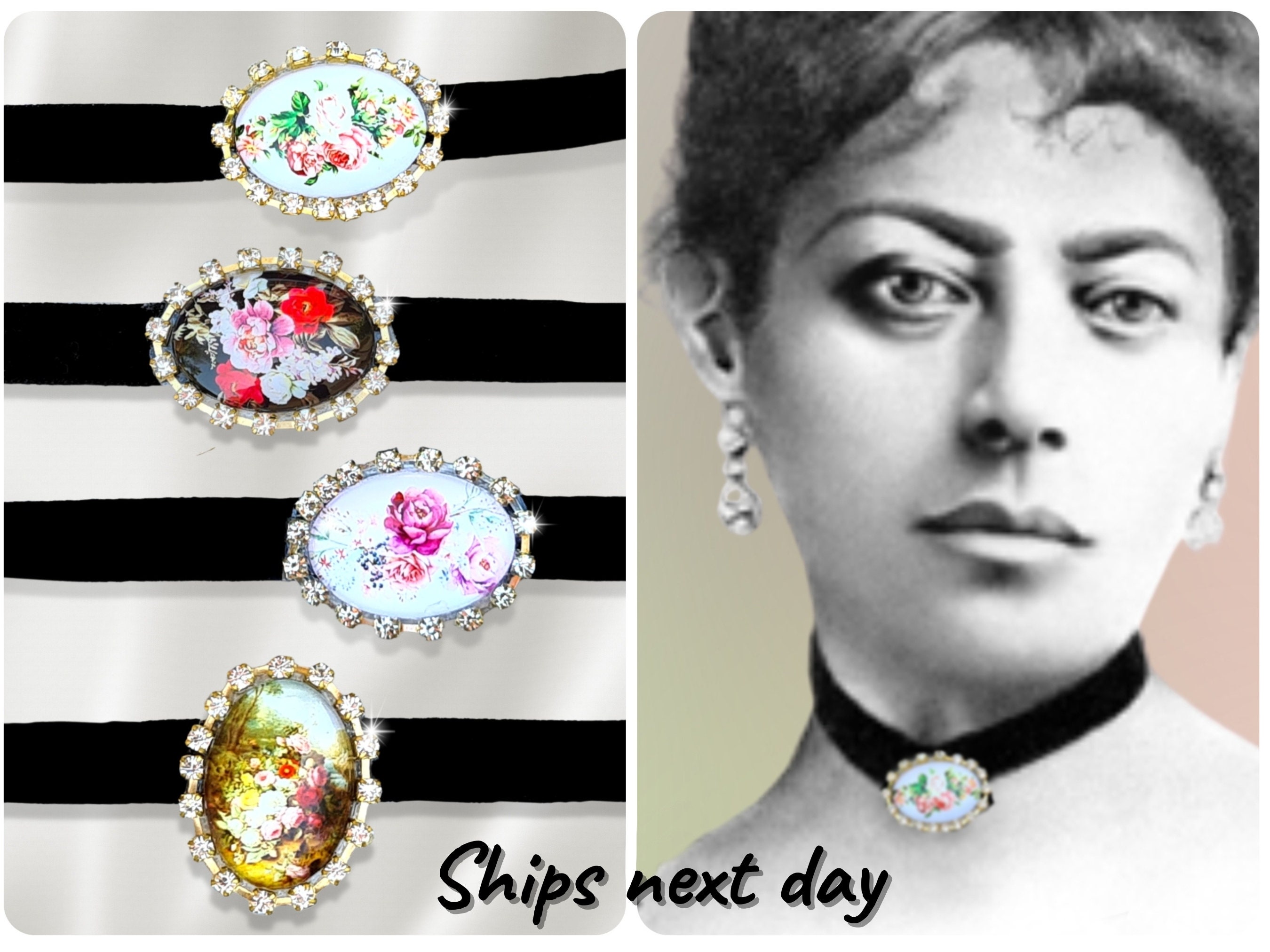 Black Velvet Choker With Oval Floral Rhinestone Pendant, Black ...