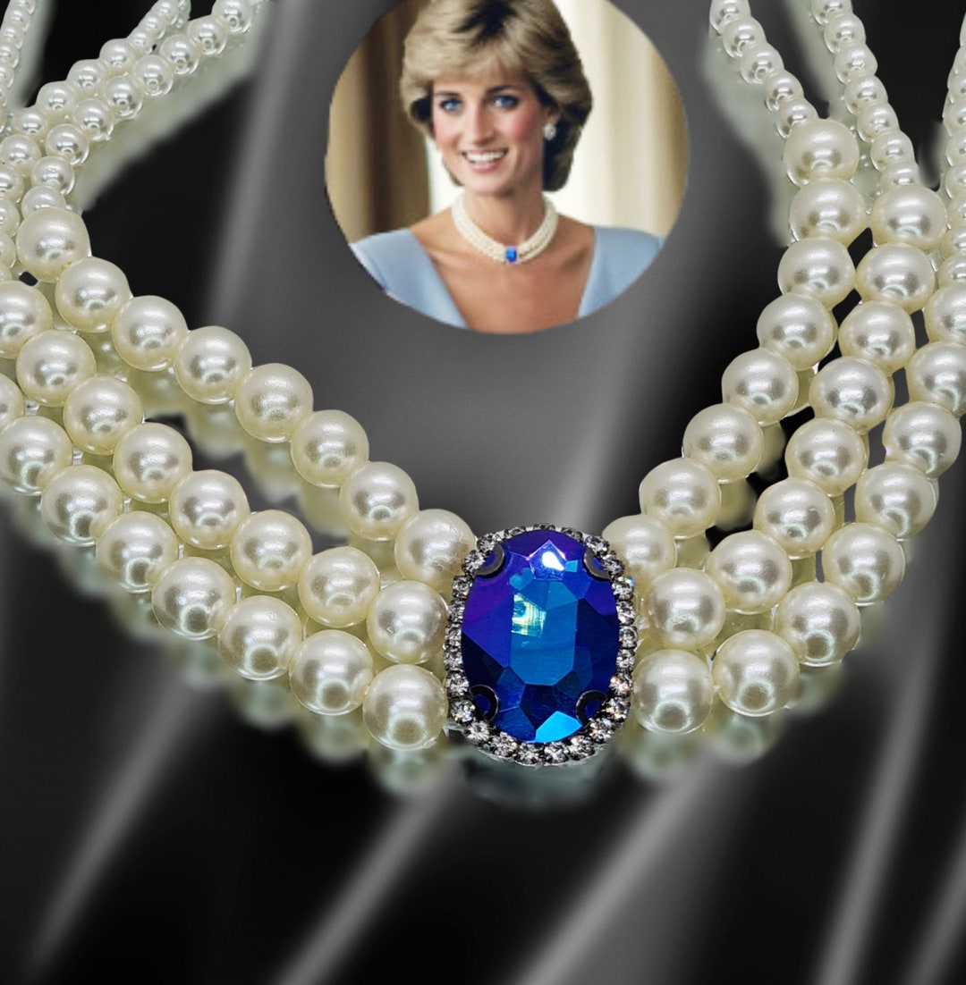 Elegant 3 Strands Pearl Choker With Blue Crystal Pendant Diana-inspired ...