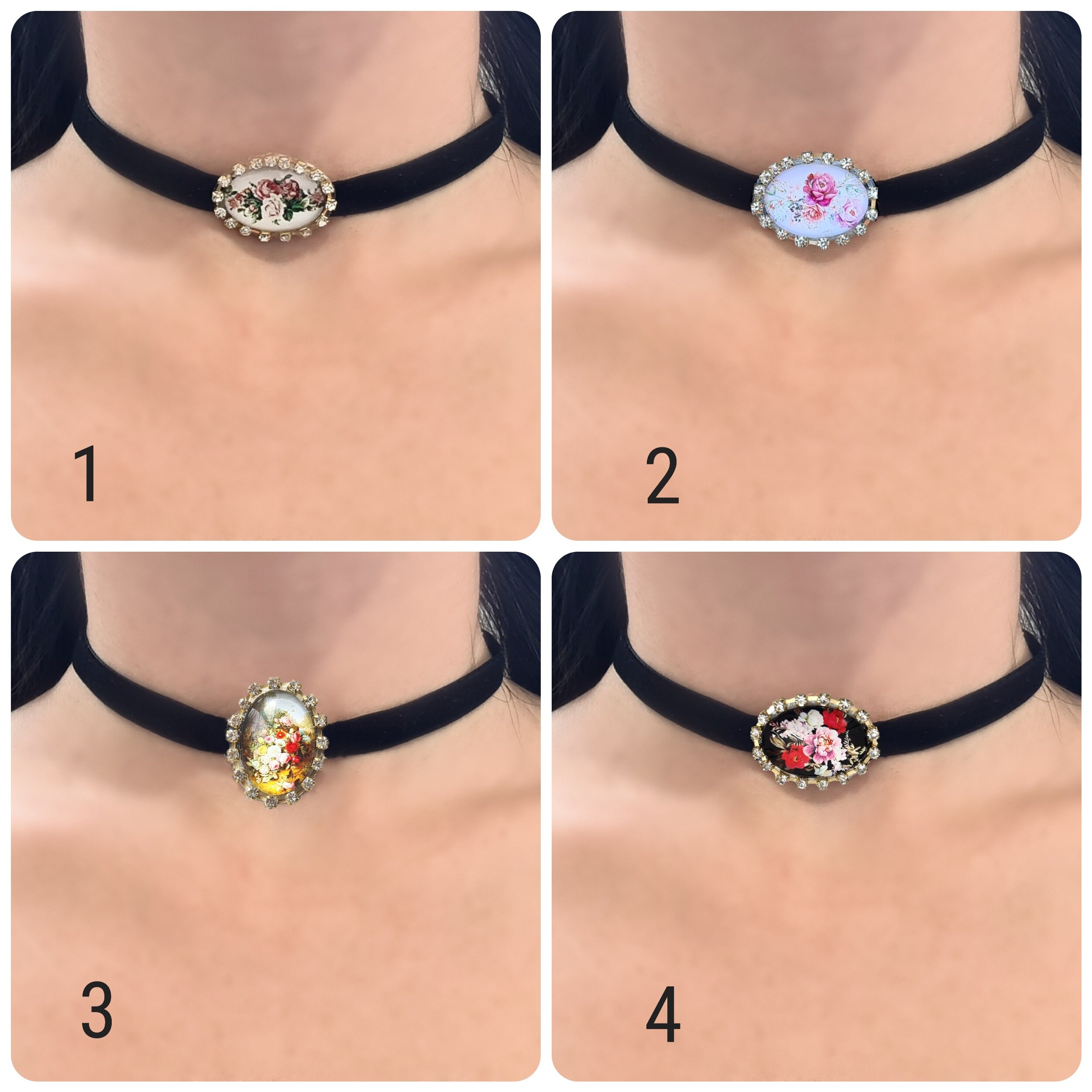 Black Velvet Choker With Oval Floral Rhinestone Pendant, Black ...