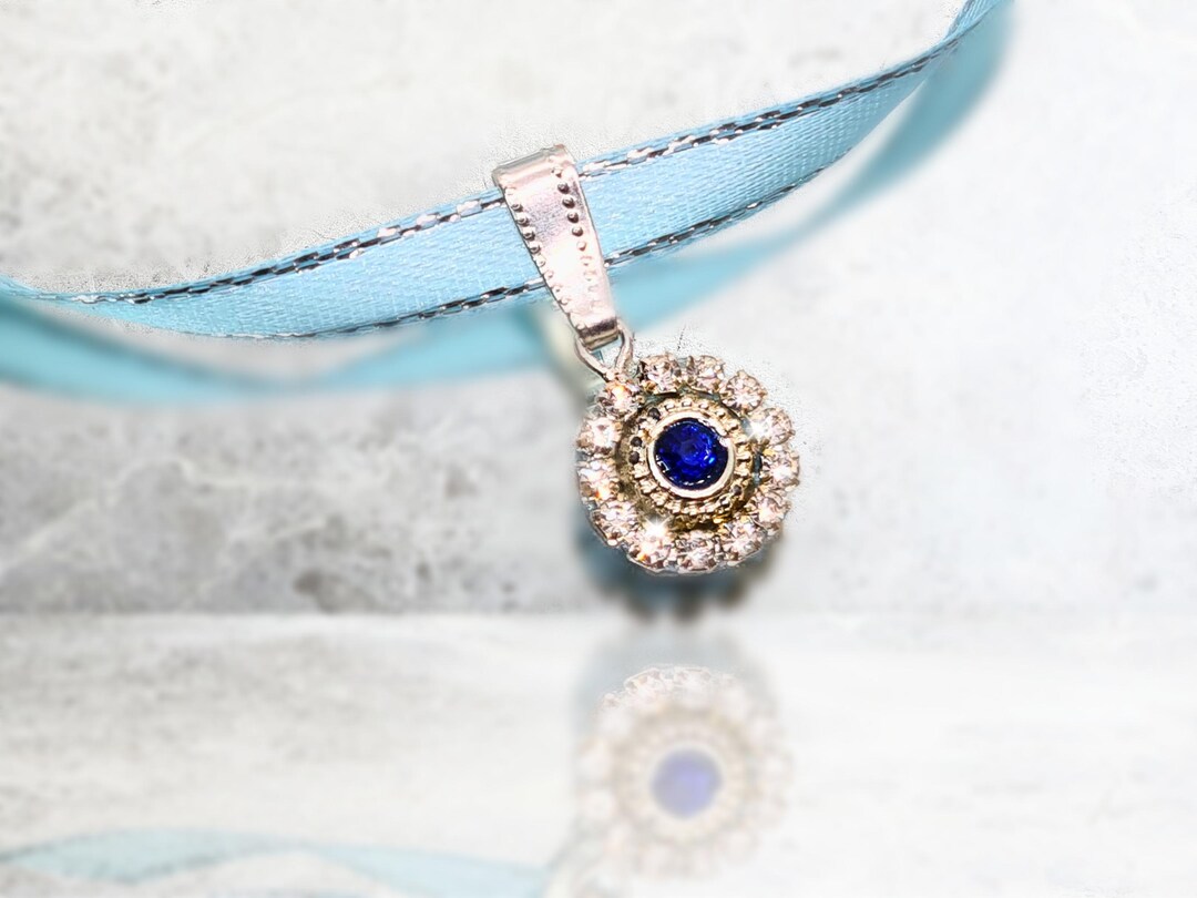 Light Blue Satin Choker Necklace With Rhinestone Floral Pendant With ...