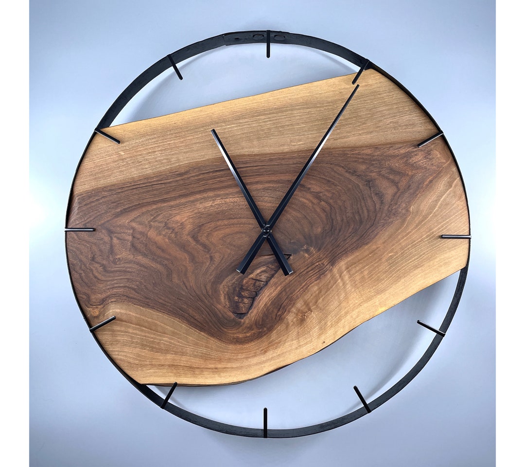 Walnut Live Edge Wall Clock 60cm / 24 Inch Circle Steel Frame in Black ...