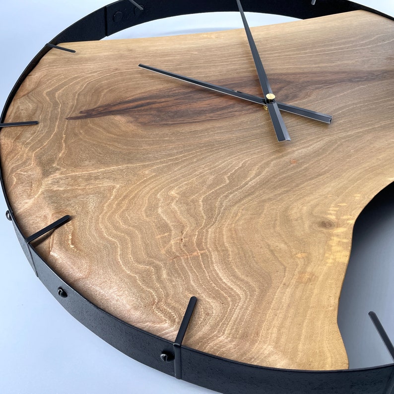 Walnut Live Edge Wall Clock 60cm / 24 Inch Circle Steel Frame in Black ...