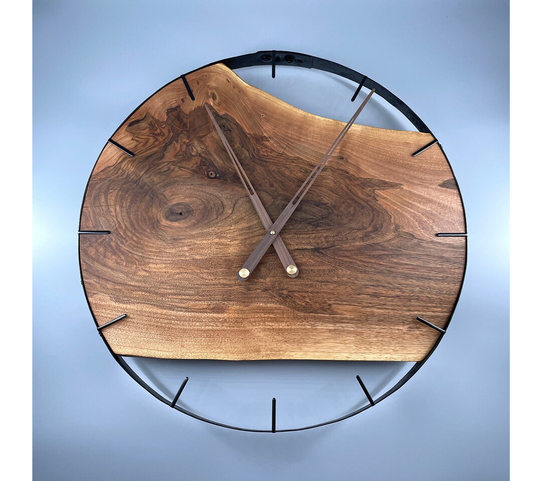Walnut Live Edge Wall Clock | 60cm / 24 Inch Circle Steel Frame in ...