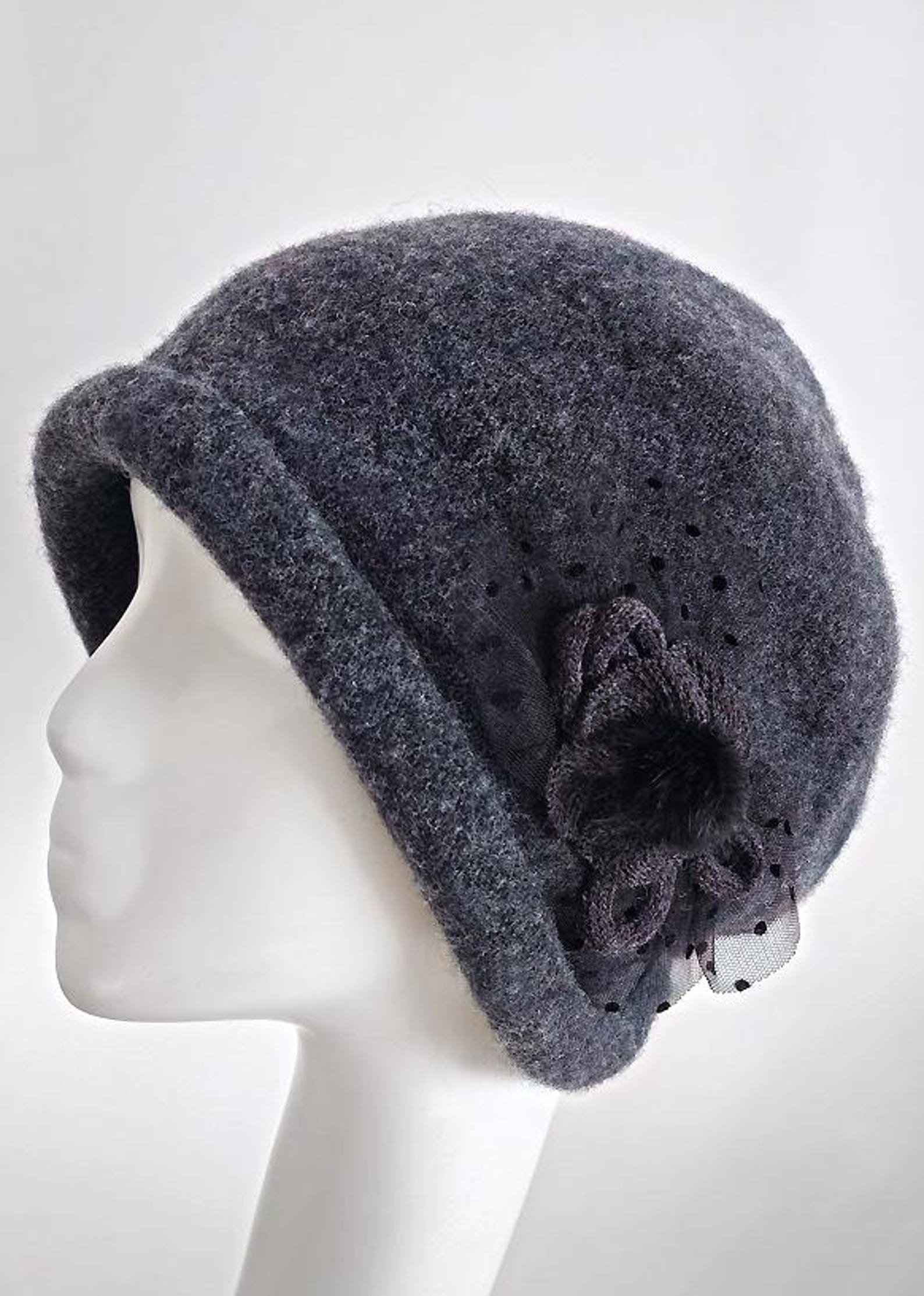 BELLE Cloche, Wool Hat With Mesh Bow & Plush Mink Accent - Etsy
