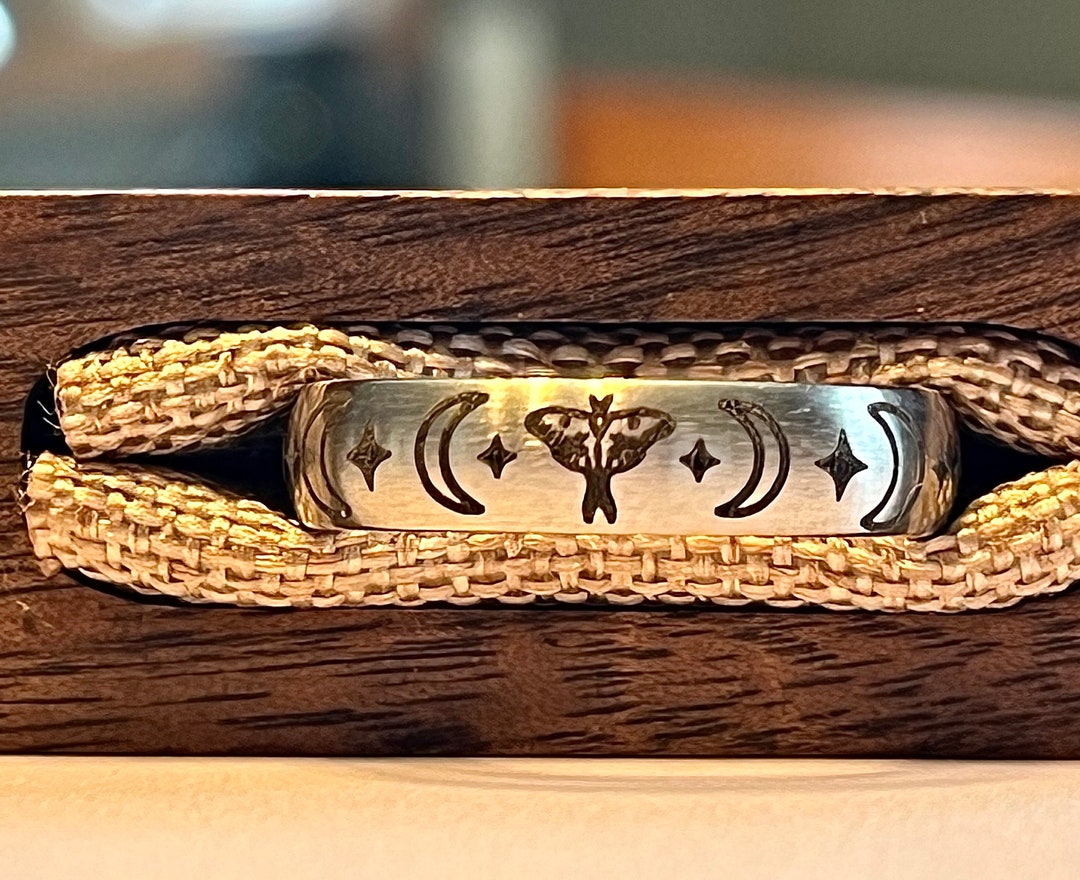 Engraved Luna Moth, Moon Phase, and Stars Stainless Steel Ring/luna ...