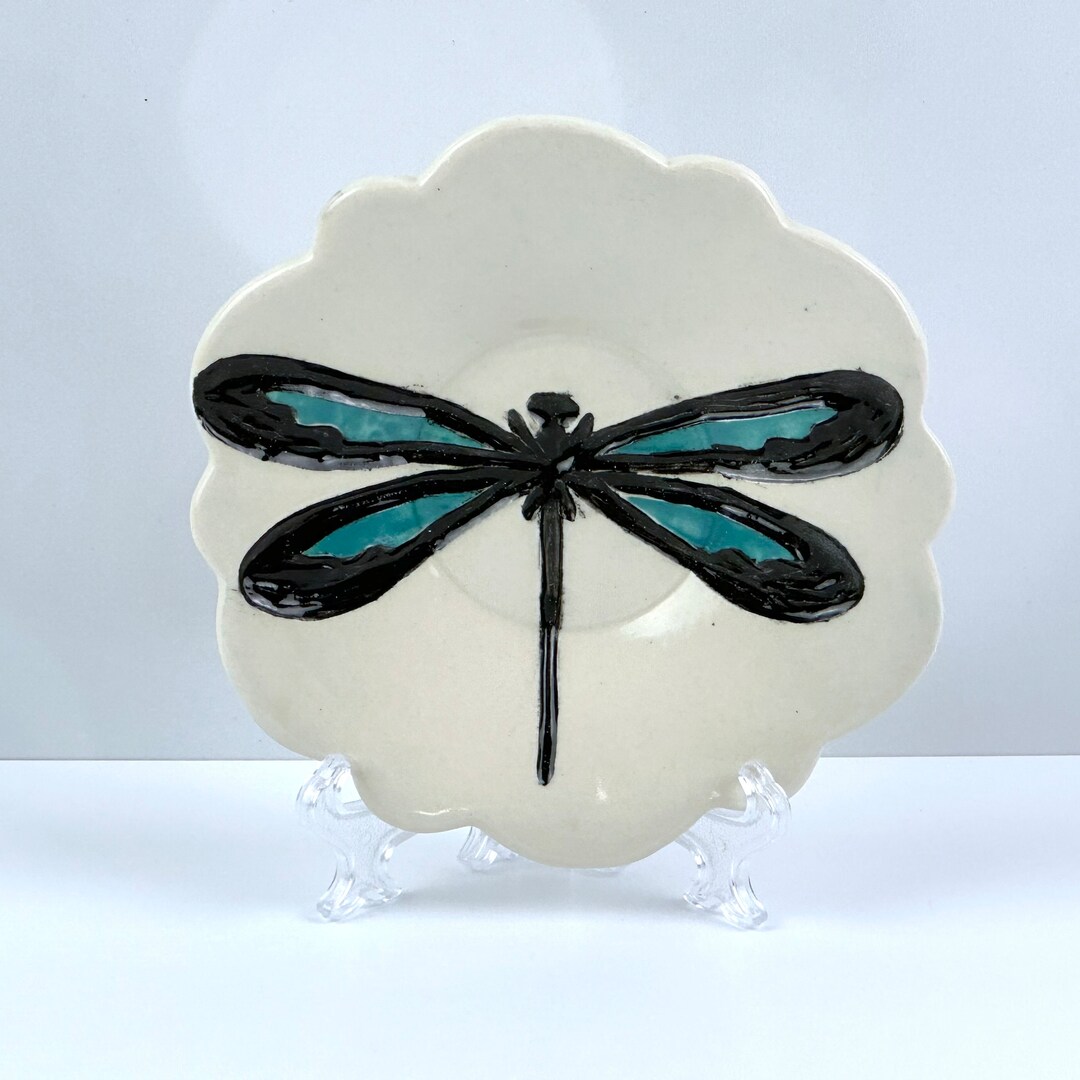 Dragonfly 4 Inch Plate, Handmade Scalloped Decorative Plate, Porcelain ...