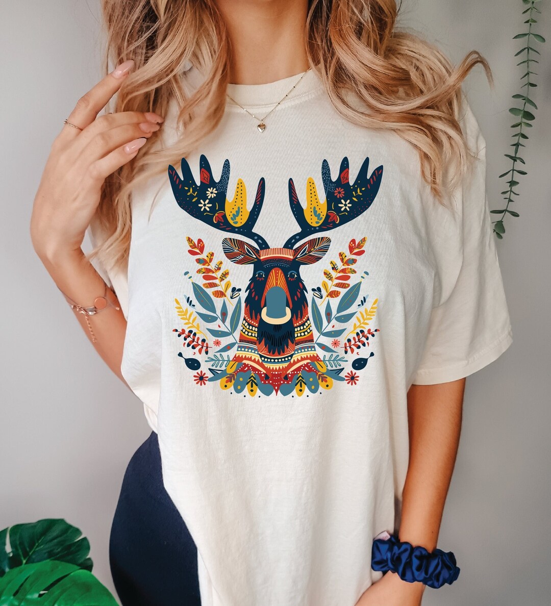 Scandinavian Folk Art Shirt, Moose Floral Shirt, Rosemaling Vintage ...