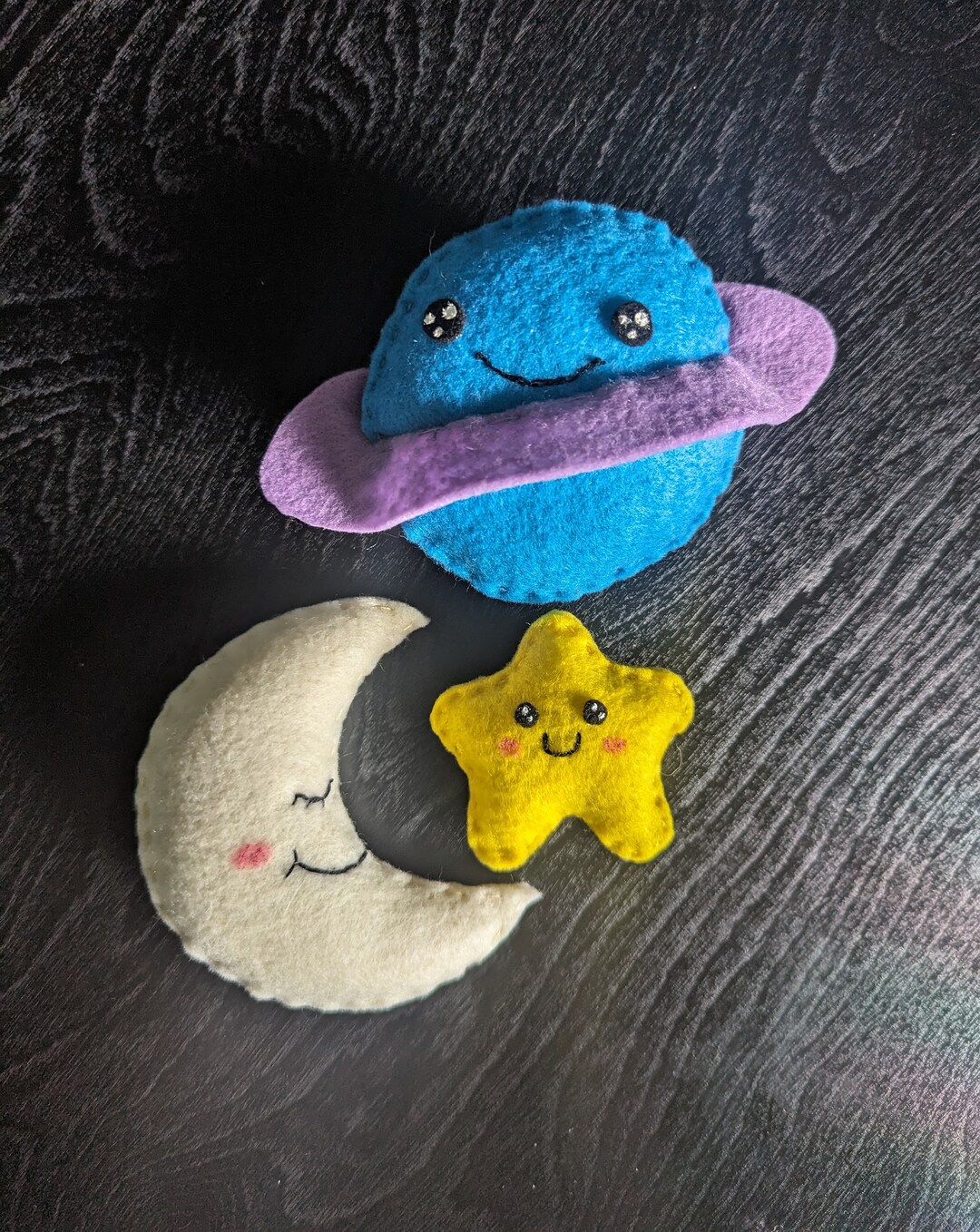 Set of 3 Felt Plushies; Space Themed; Star Moon and Planet Stuffed Toys ...