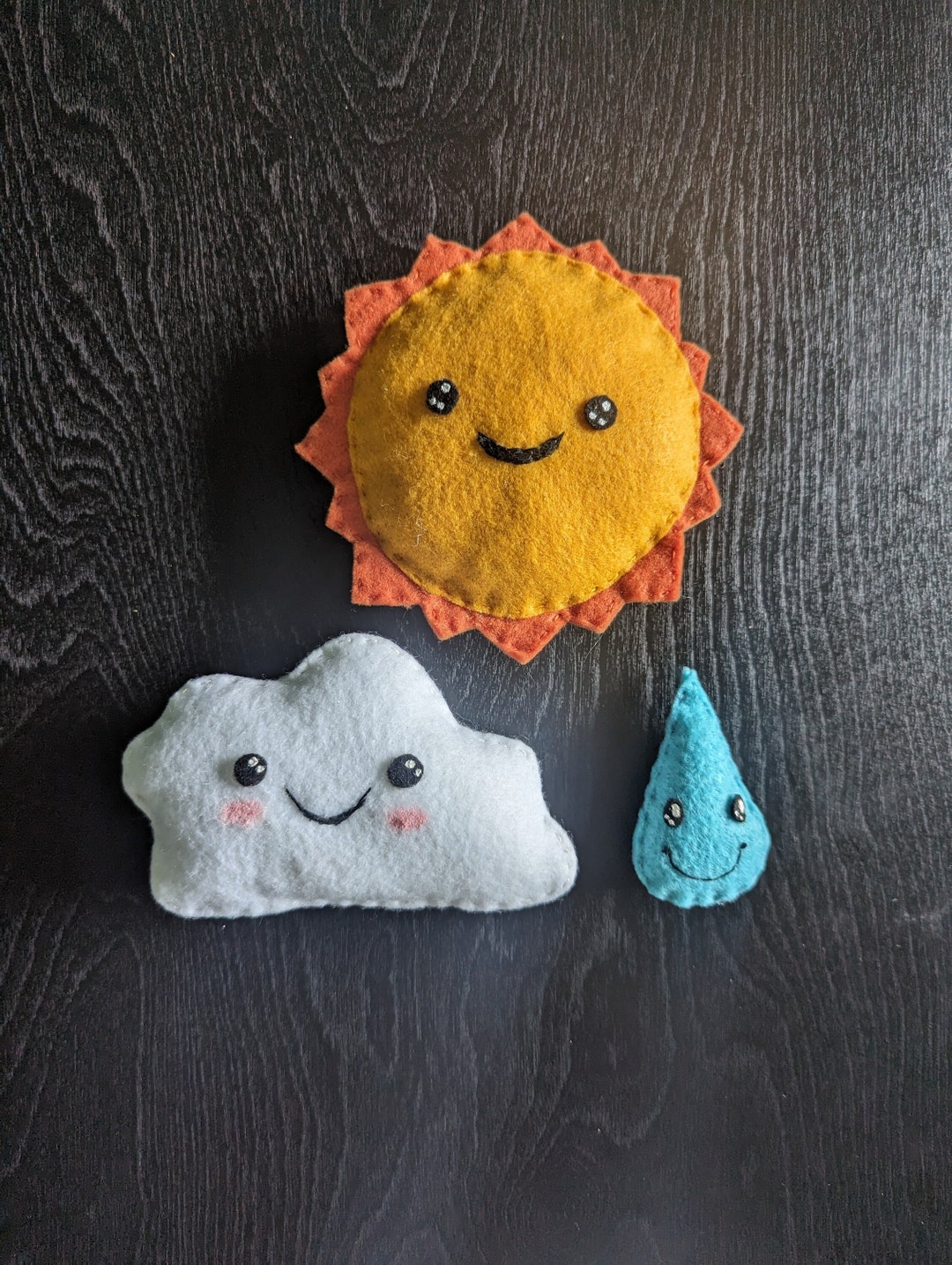 Set of 3 Felt Plushies; Weather Themed; Sun, Cloud and Raindrop Stuffed ...