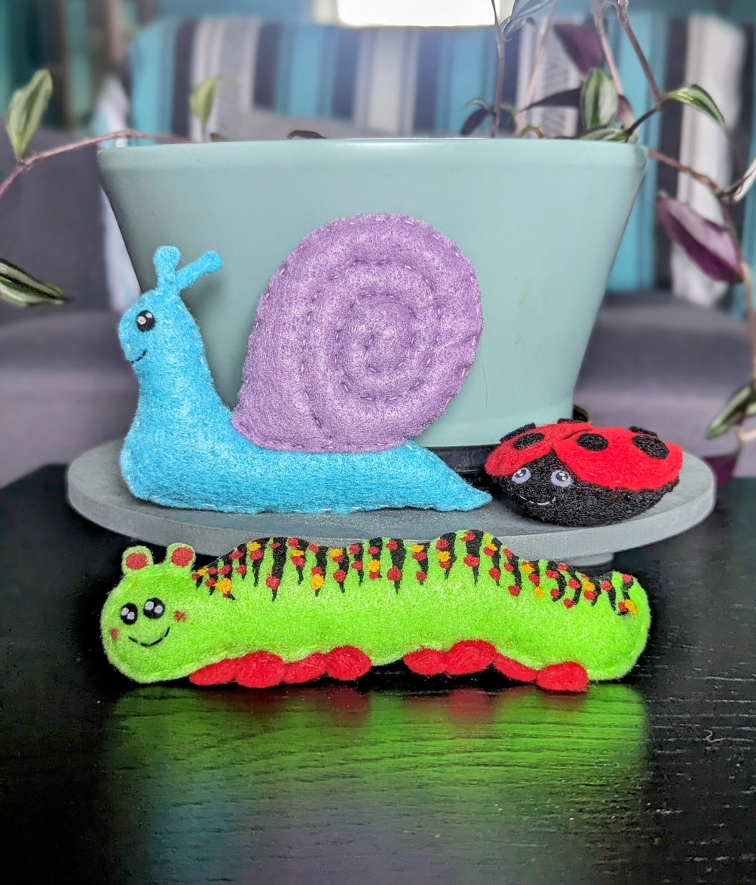 Set of 3 Garden Creatures Felt Plushies; Bug Themed; Caterpillar, Snail ...